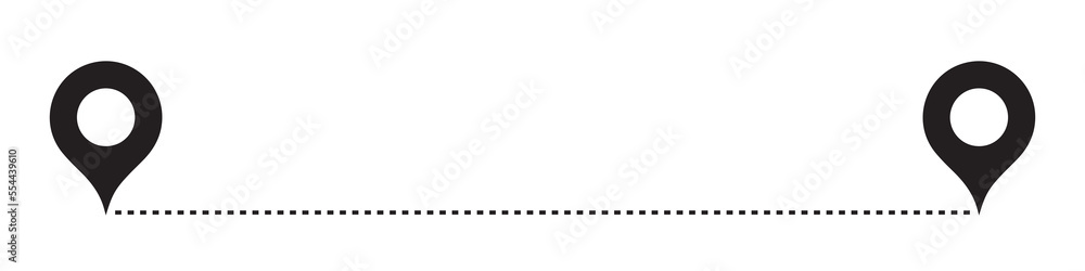 Route location icon, two pin signs and dotted road line, path start and ...