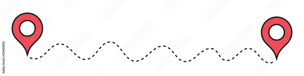Route location icon, two pin signs and dotted road line, path start and ...