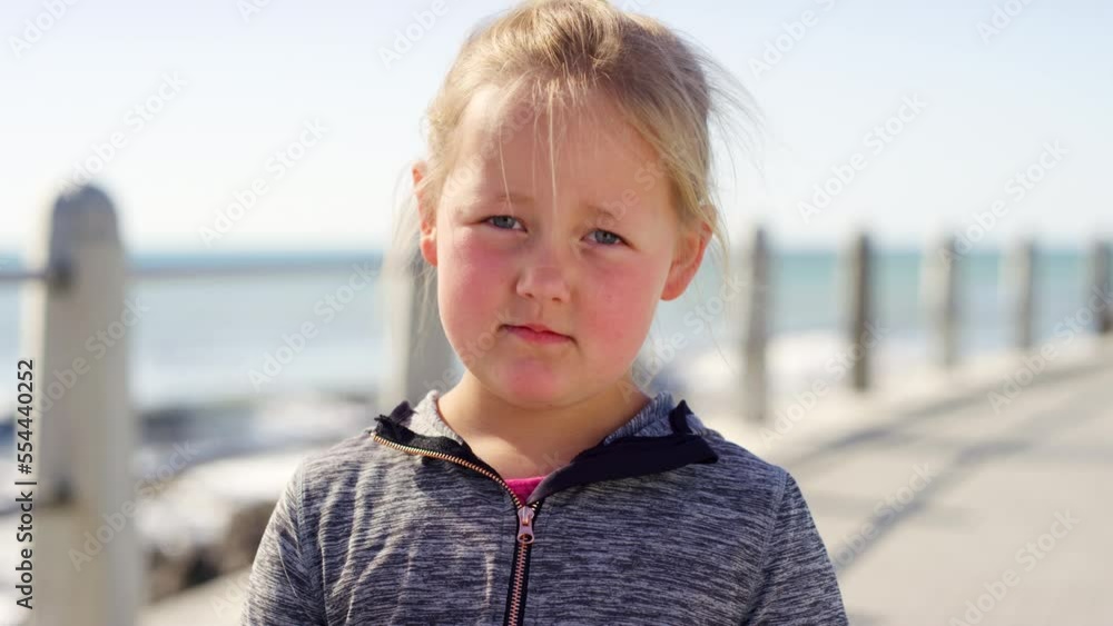 Depression, sad and face of little girl at beach unhappy with mental ...