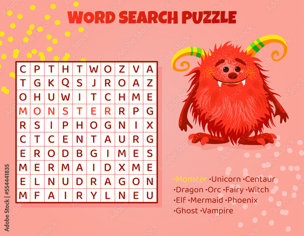 Word search puzzle for kids with mythical animals. Stock Vector | Adobe ...