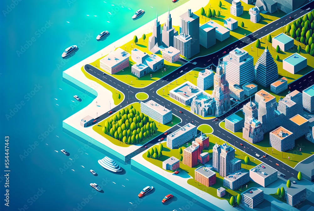 Aerial clean top view of a daytime city with streets and a river, a ...