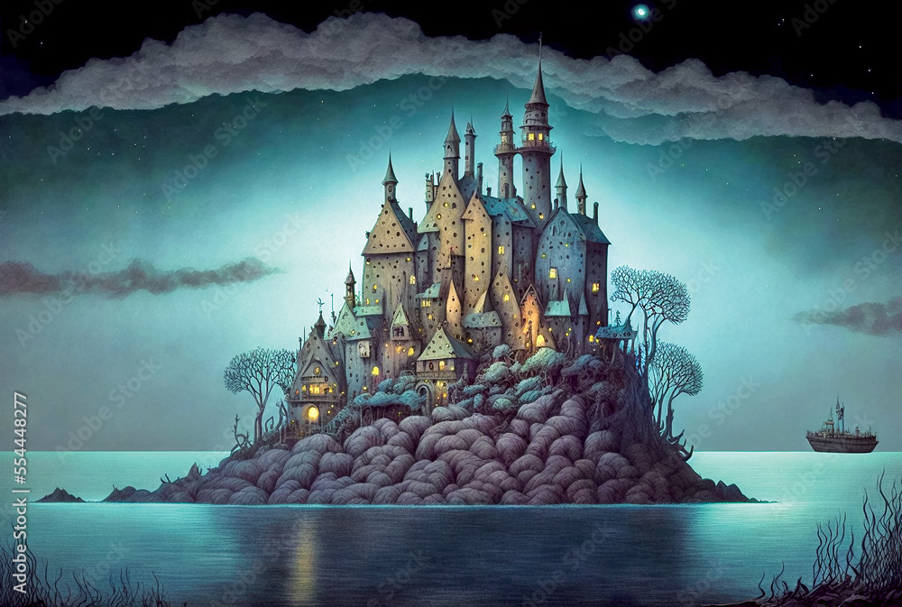 Mysterious cute cartoon town, night scenery, dark fantasy, fairy tale ...