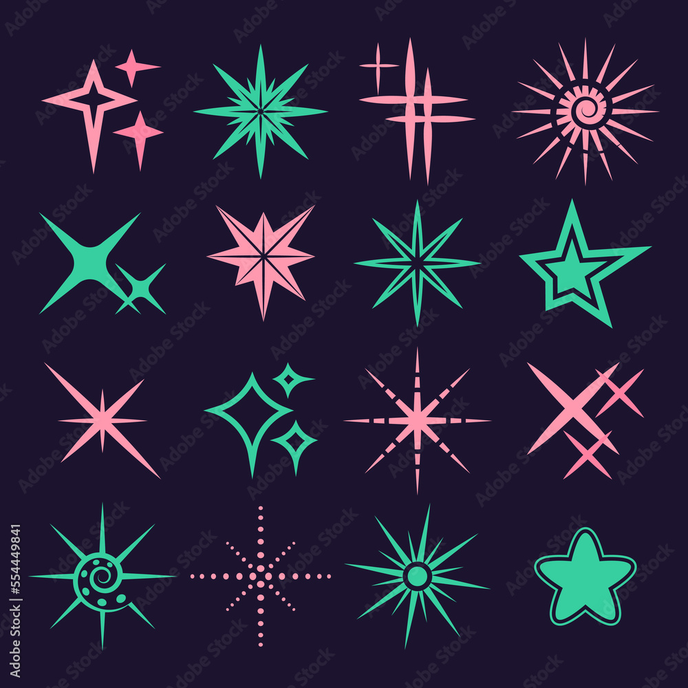 Sparkle stars set, christmas twinkle colorful icons. Magic shine effect ...
