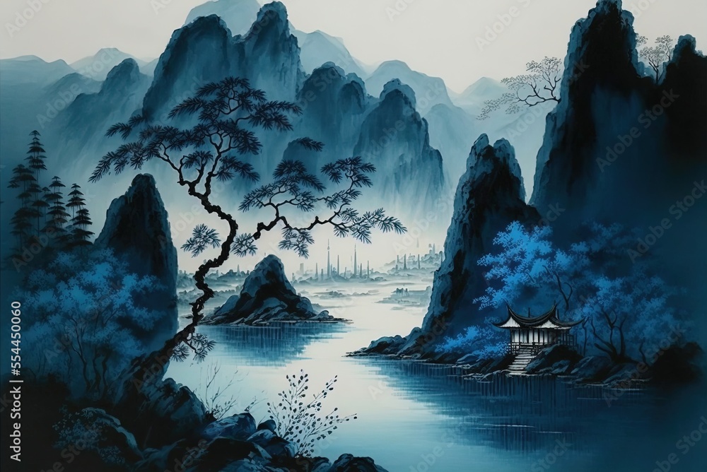 Beautiful Chinese landscape painting in the traditional blue color ...