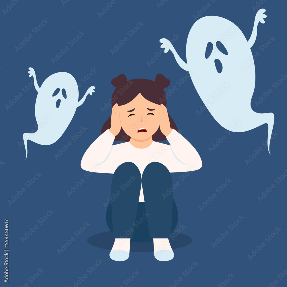 Child is afraid of ghost. Upset girl next to monster, ghost in dark ...