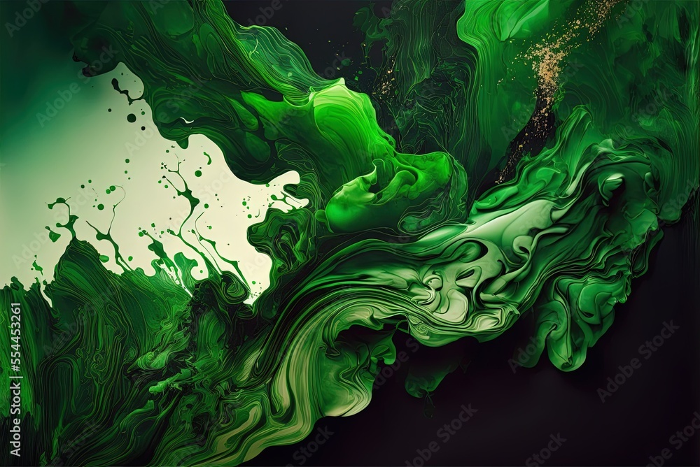 Green abstract paint swells in a wave pattern over the backdrop. A ...