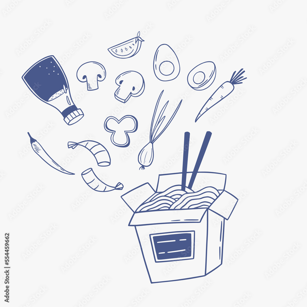 Wok noodles and various ingredients. Asian Japanese traditional food ...