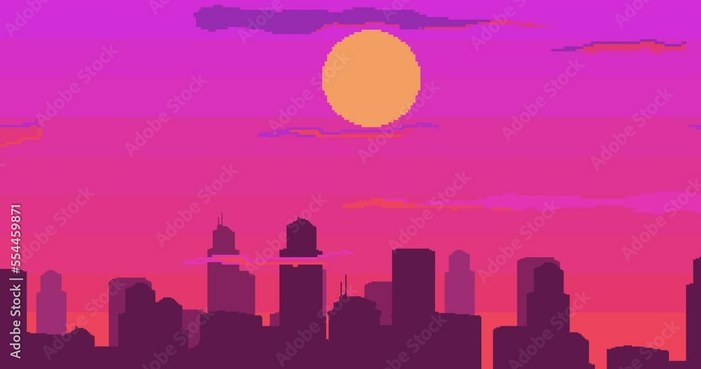 Retro pink pixel city animation. Game, city, sky, clouds, sun. Retro ...