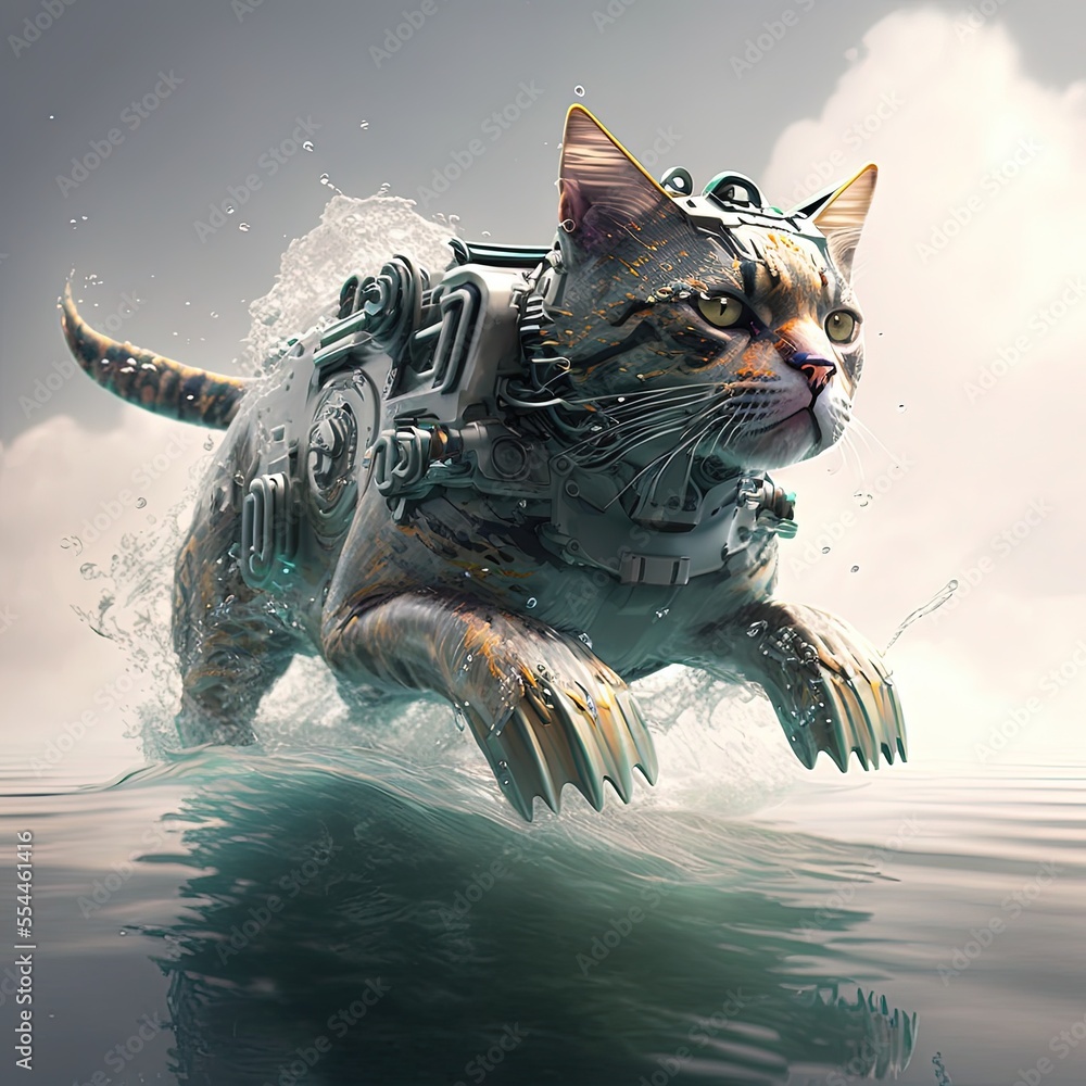Robot cat in water, Futuristic knight, mechanical robot warrior, future ...