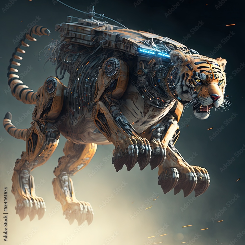 Futuristic tiger knight, mechanical robot warrior, big cat future warrior, generative ai ...