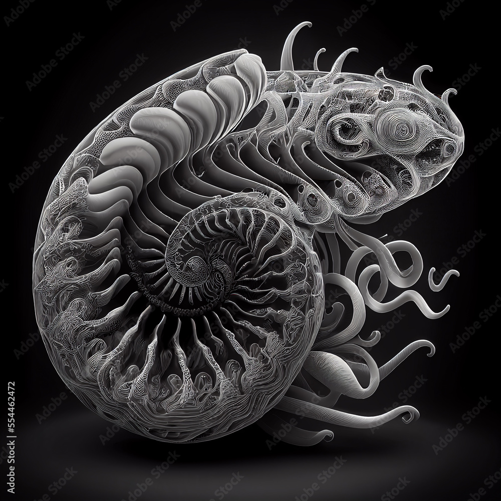 Futuristic alien sea creature conch cyborg fossil shell which could be ...