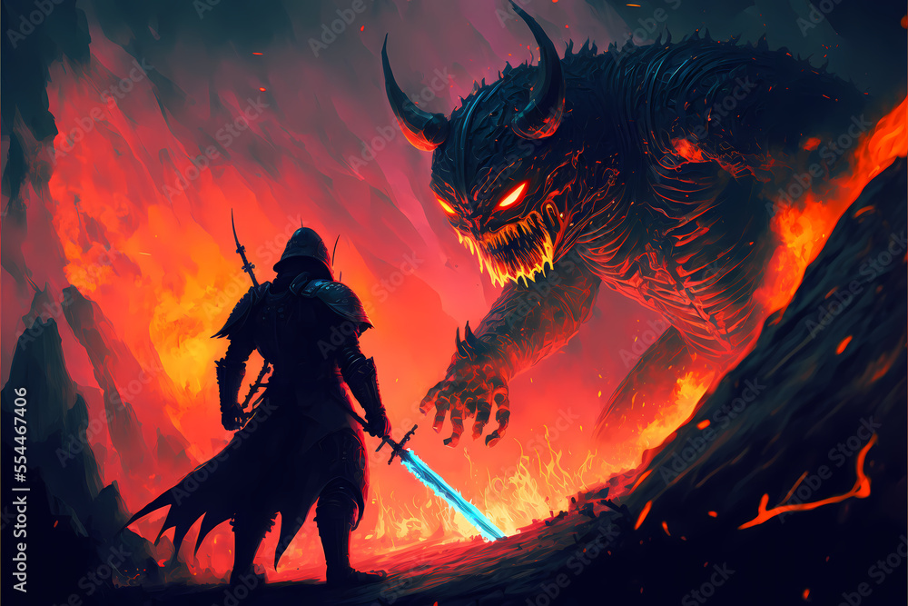 knight with a sword facing a god like lava demon devil in hell, epic ...