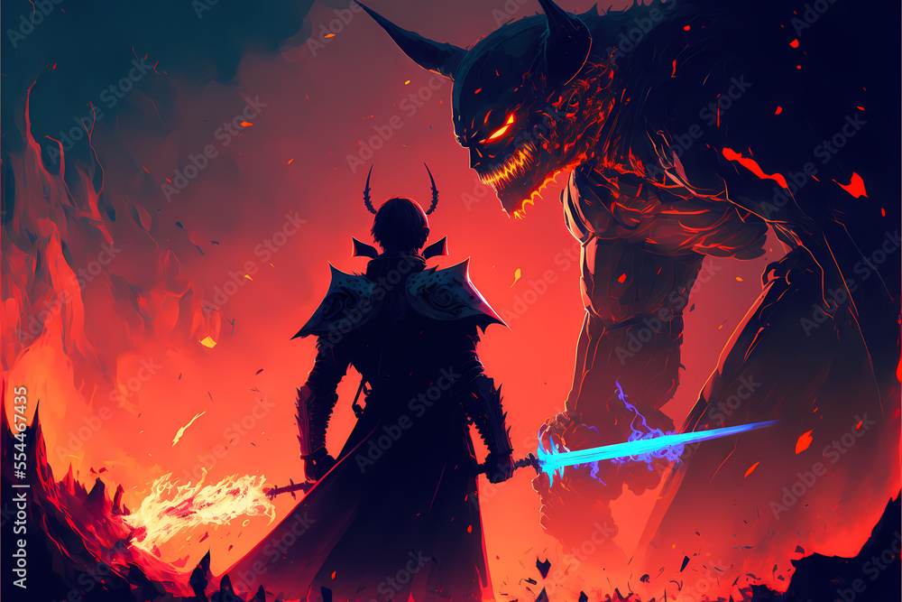 knight with a sword facing a god like lava demon devil in hell, epic ...