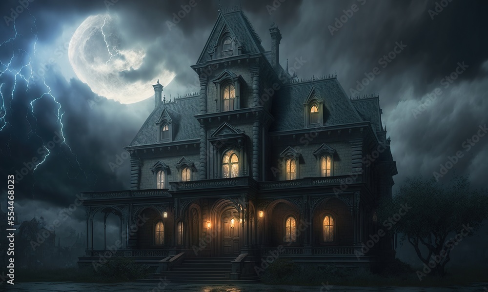 Dark Gothic Mansion in the Moon Light. Rainy Night Mystical Victorian ...