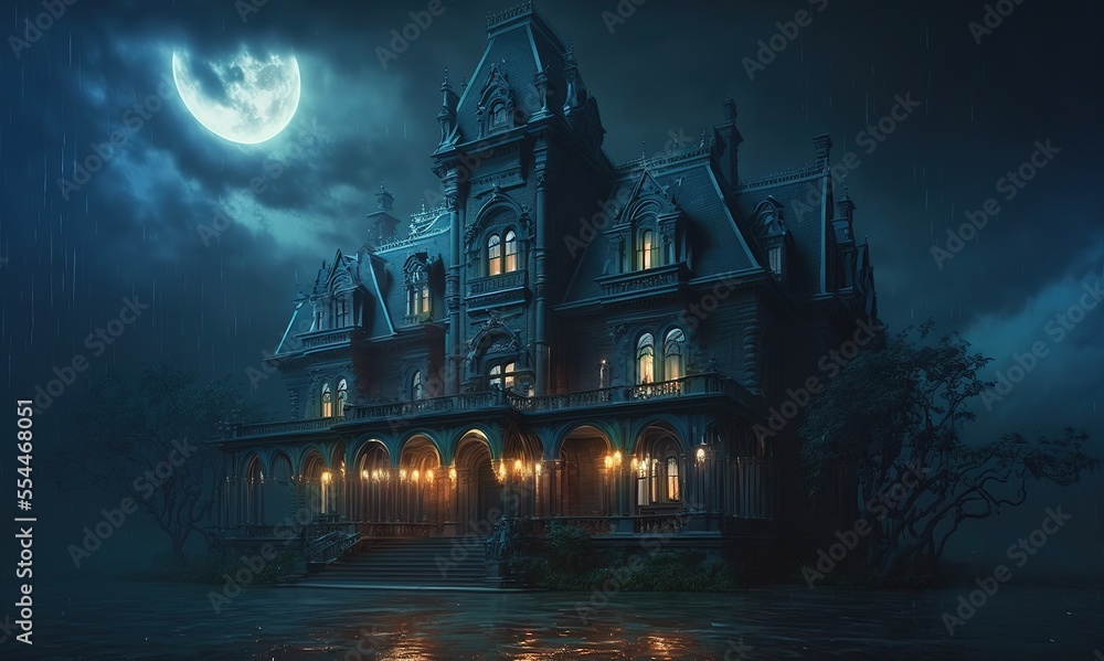 Dark Gothic Mansion in the Moon Light. Rainy Night Mystical Victorian ...