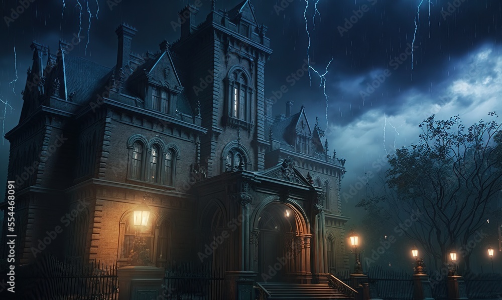 Dark Gothic Mansion in the Moon Light. Rainy Night Mystical Victorian ...