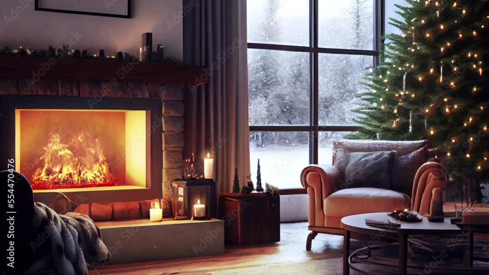 Christmas eve cozy mood in classic decorated living room with fire ...