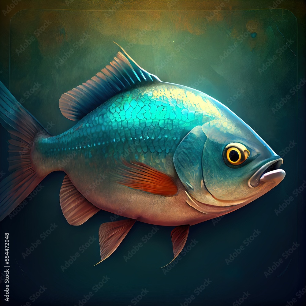 a fish with a yellow eye and a blue body is shown in this painting of a ...