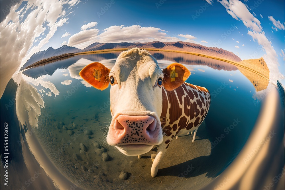 a cow is seen through a fish eye lens in a photo taken by a ...