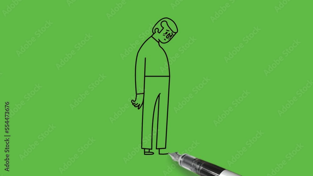 Draw young boy sad face standing straight with grey hair in stoop ...