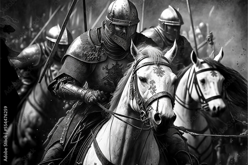 Fantasy medieval knights riding into battle, black and white monochrome ...