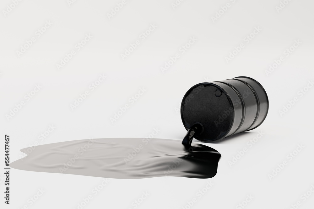 oil spilling from a black barrel on a white background. copy paste ...