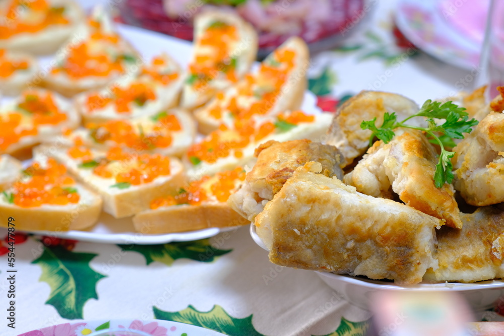 Ukrainian Easter festive dishes. Festive table setting. Bright colored ...