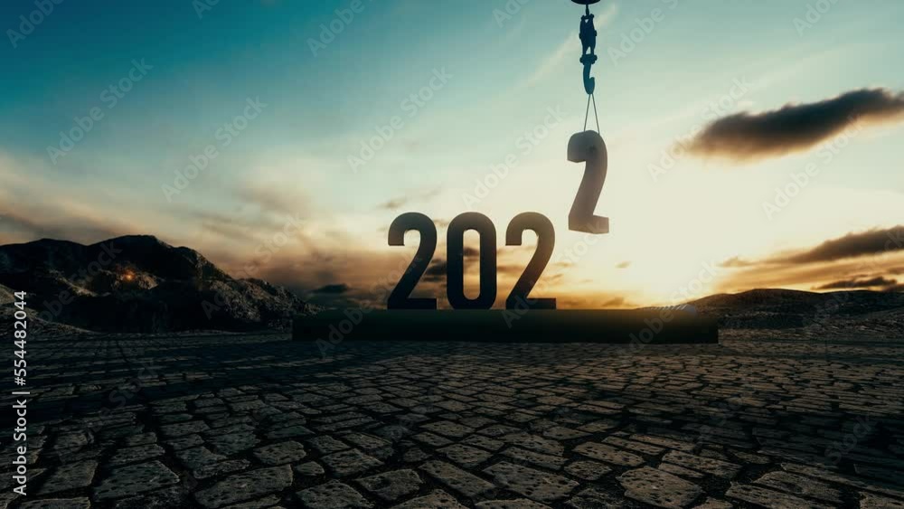 The end of the year 2022 and the start of 2023. Animation of a crane's ...