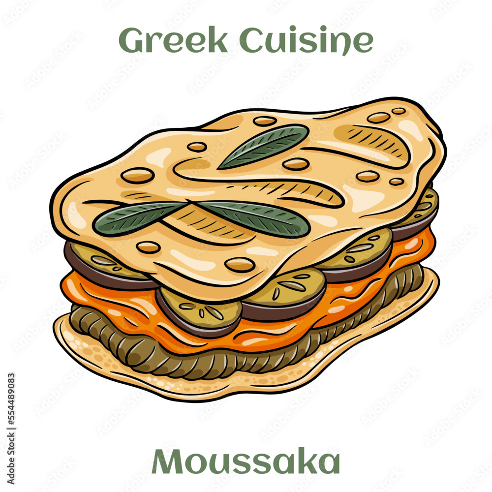 Traditional greek moussaka on white background. Isolated vector ...