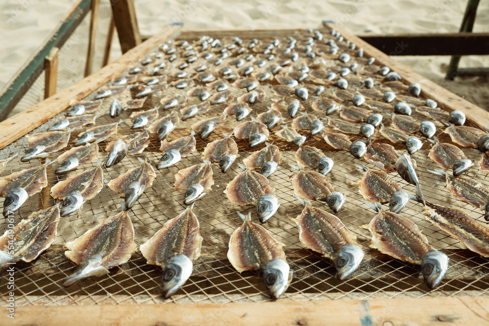 Dried fish in the open air. Traditional seafood drying in the fishing ...