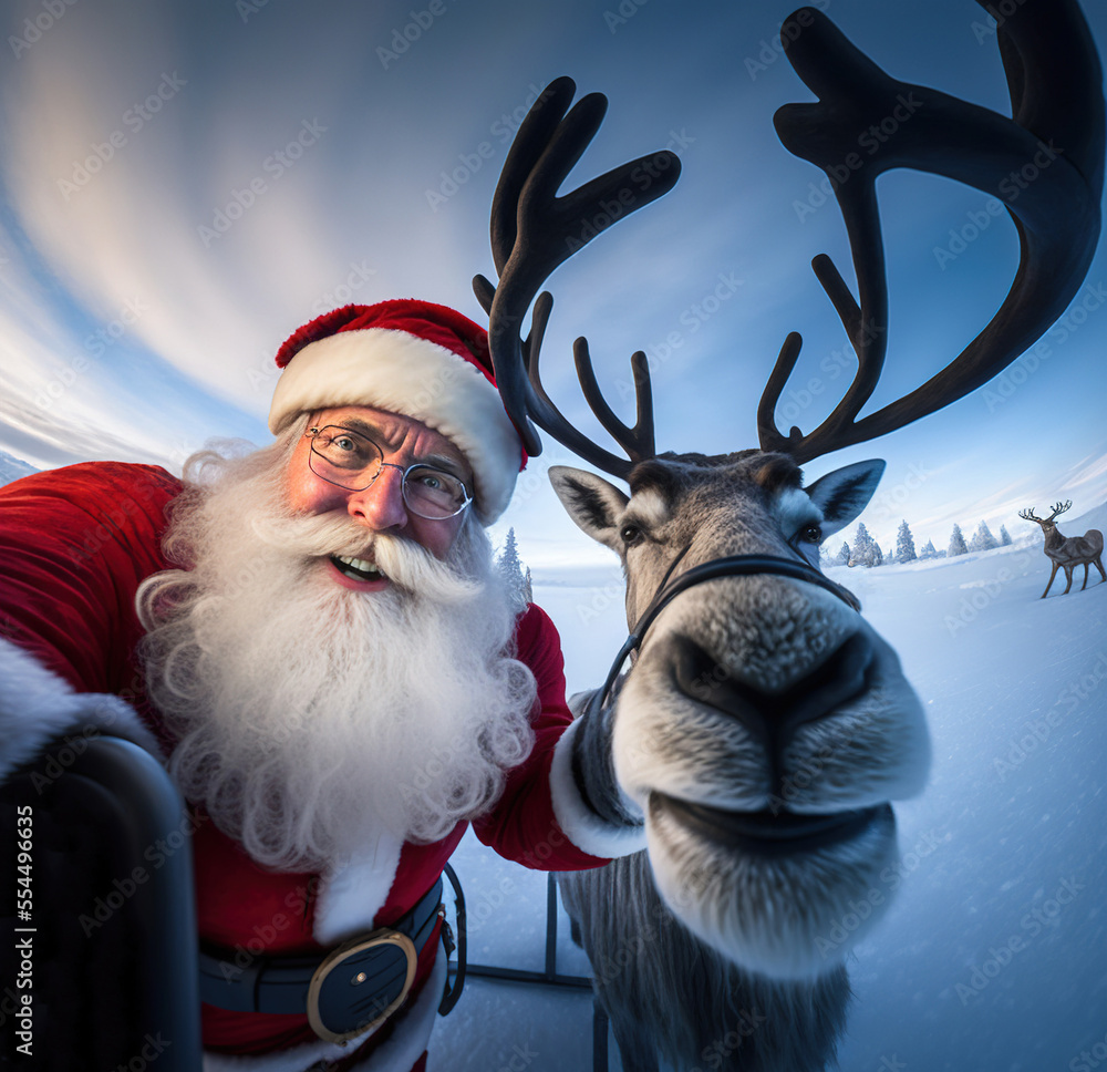Santa Claus takes a selfie with his reindeer, with a snowy winter ...