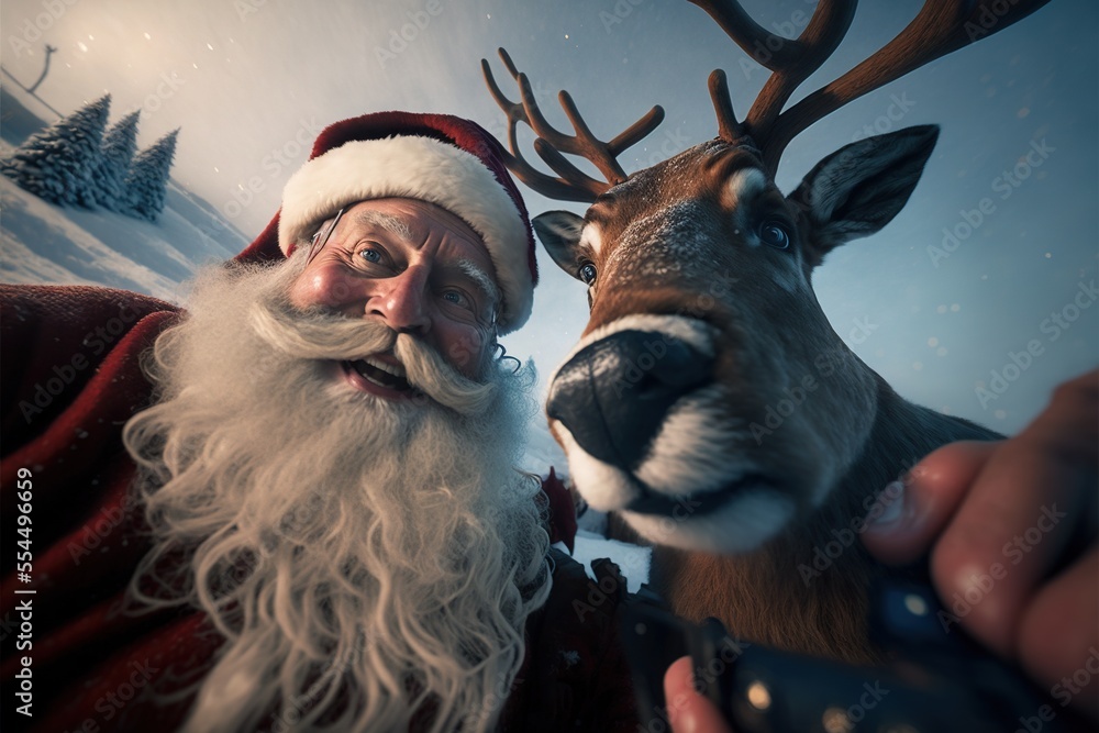 Santa Claus takes a selfie with his reindeer, with a snowy winter ...