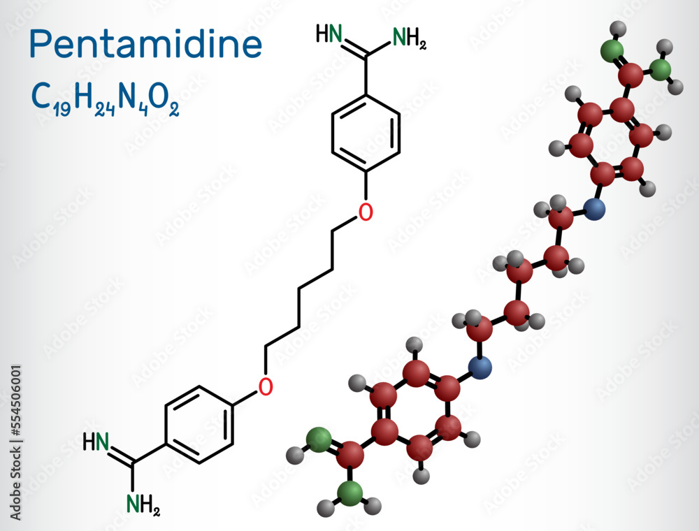 Pentamidine molecule. It is antimicrobial, antifungal drug. Used to ...