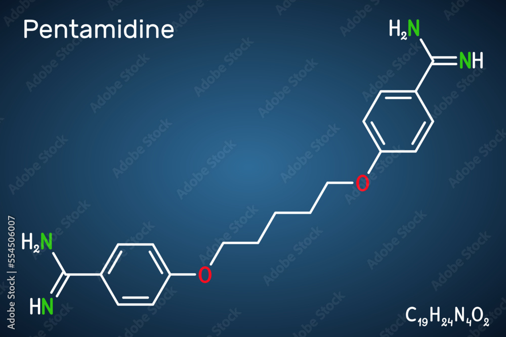 Pentamidine molecule. It is antimicrobial, antifungal drug. Used to ...