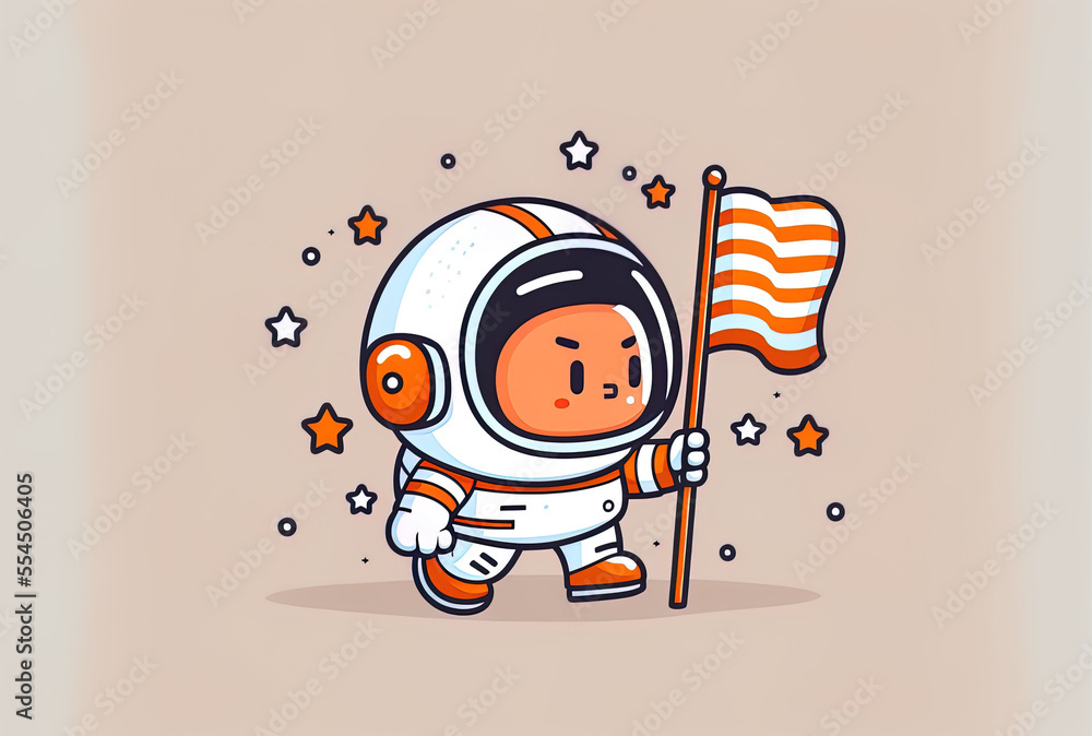 Cartoon icon illustration of an adorable astronaut holding a flag in ...