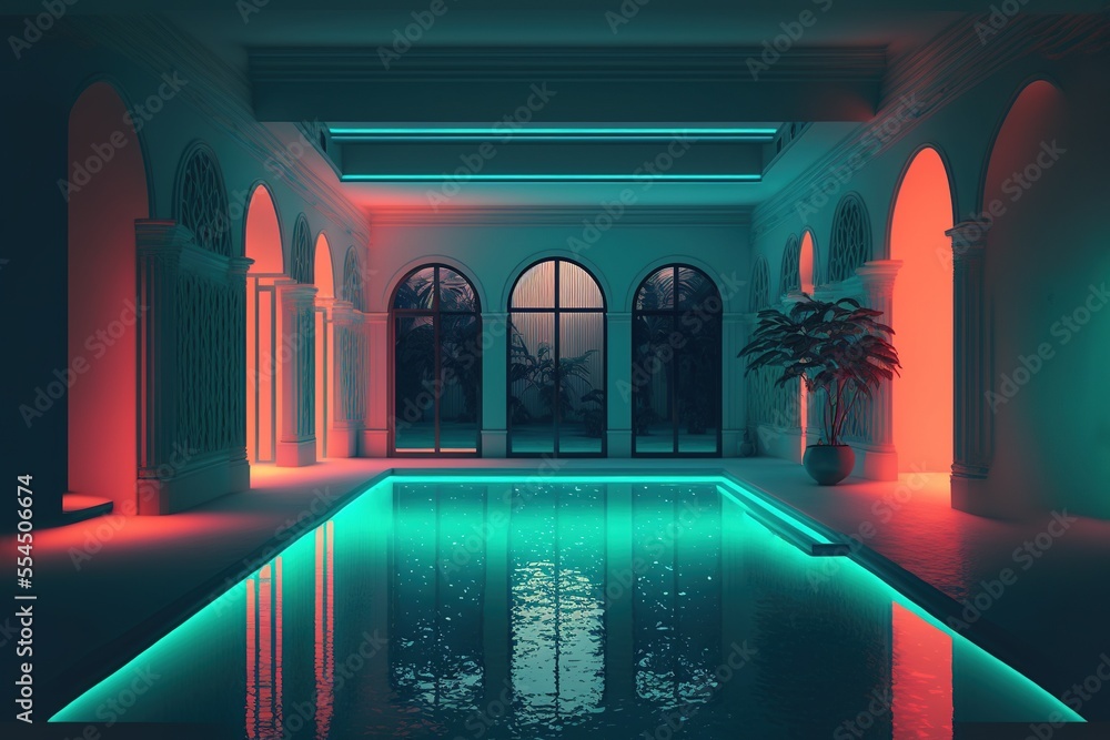 A luxury swimming pool inside a modern mansion with neon lights ...