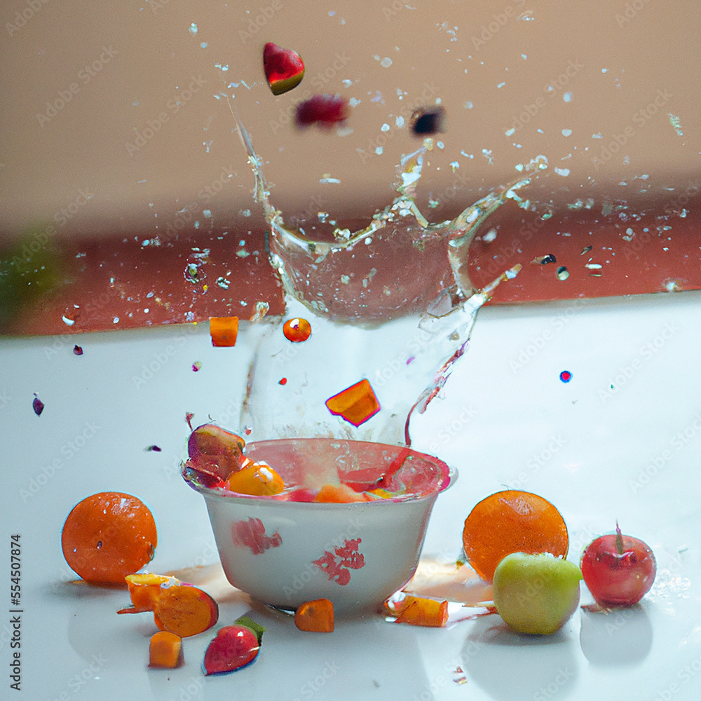 insieme di frutta buttata in bacinella di acqua, con spruzzi su sfondo ...