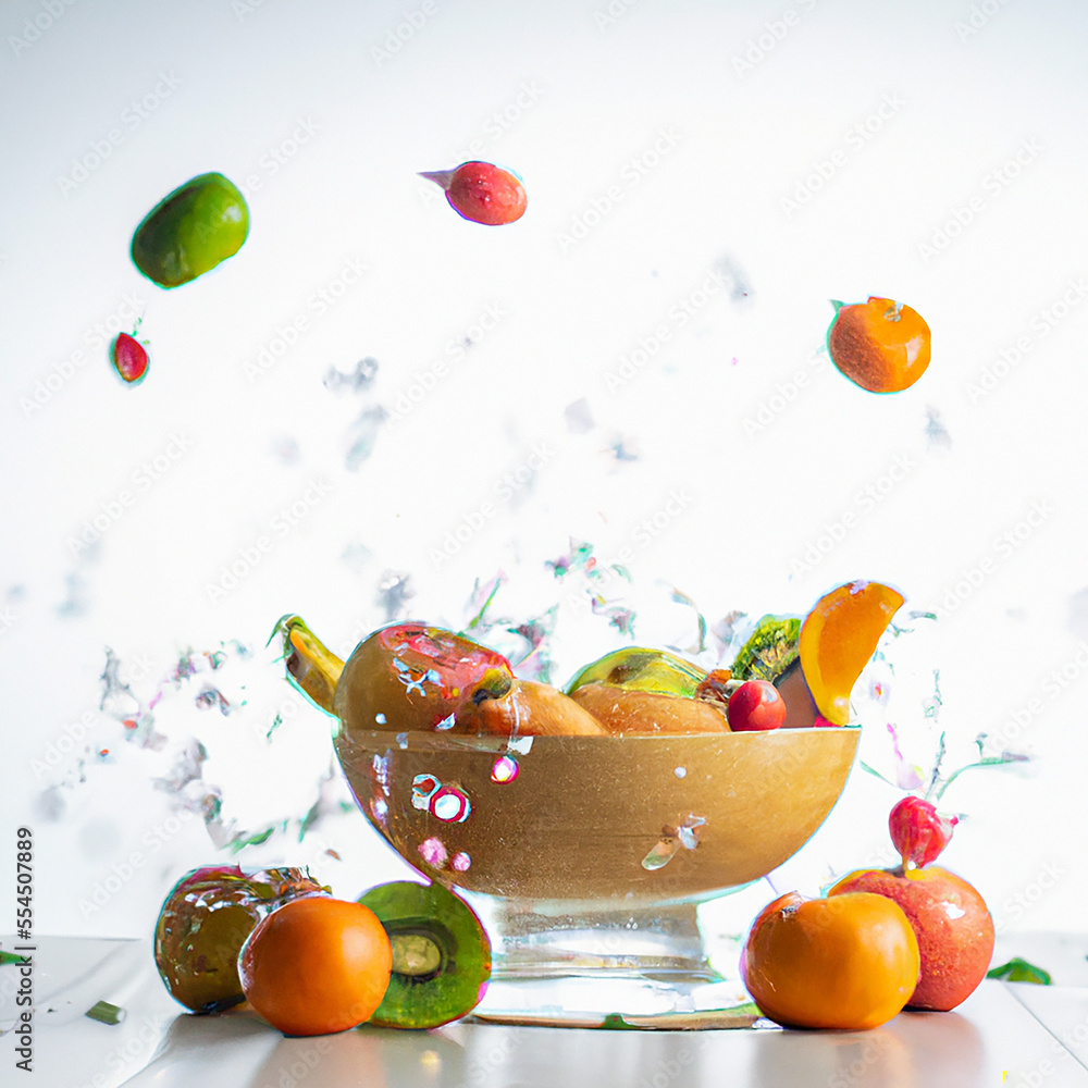 insieme di frutta buttata in bacinella di acqua, con spruzzi su sfondo ...