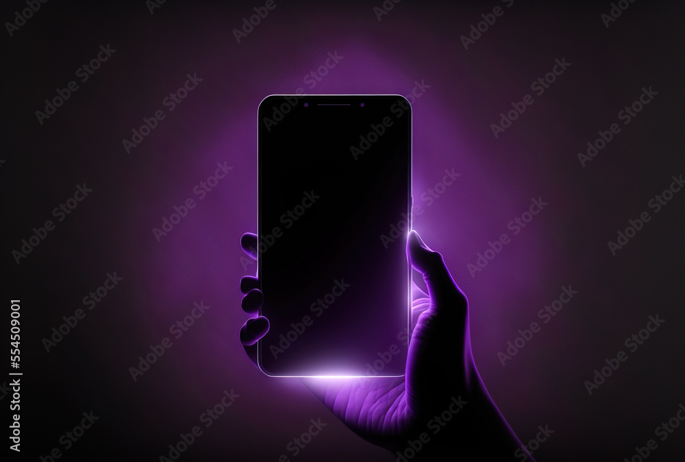 Realistic hand of a guy or woman clutching a purple phone. The colors ...