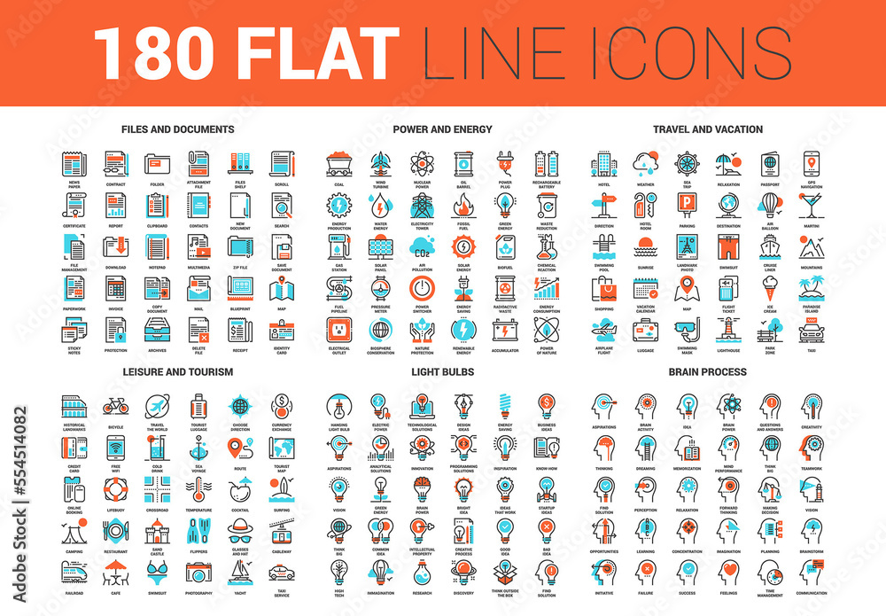 Vector set of 180 flat line web icons on following themes - files and documents, power and ...