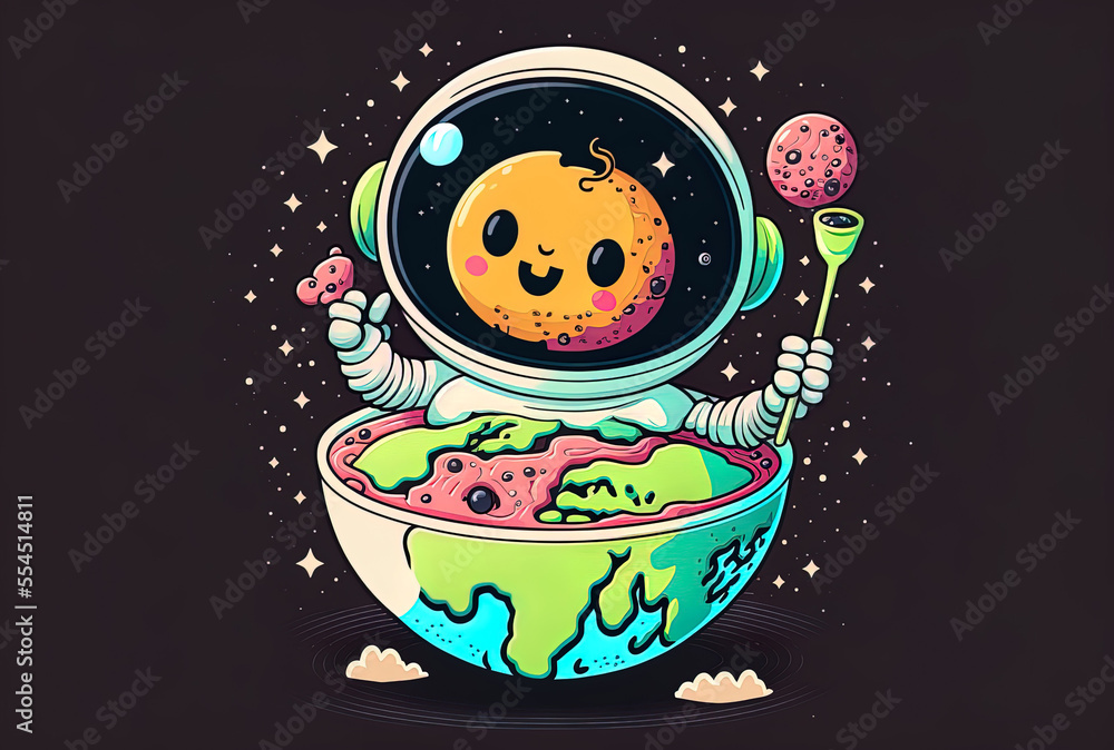 Cartoon symbol of a cute astronaut holding a planet and moon in a bowl ...