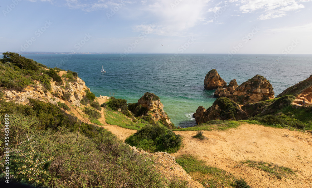 Dramatic view of a rugged Atlantic ocean coastline in Portugal Algarve ...