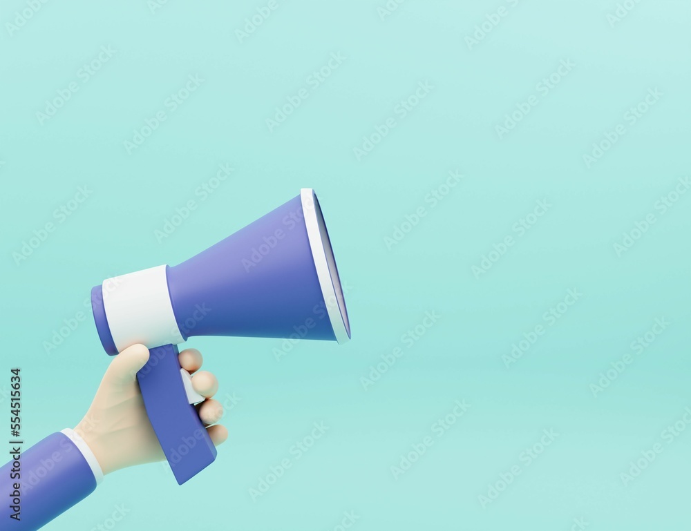 Cartoon hand holding a megaphone on a green background with copy space ...