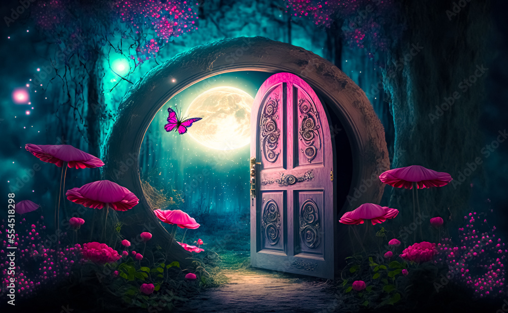 Fantasy enchanted fairytale forest with magical opening secret door and ...