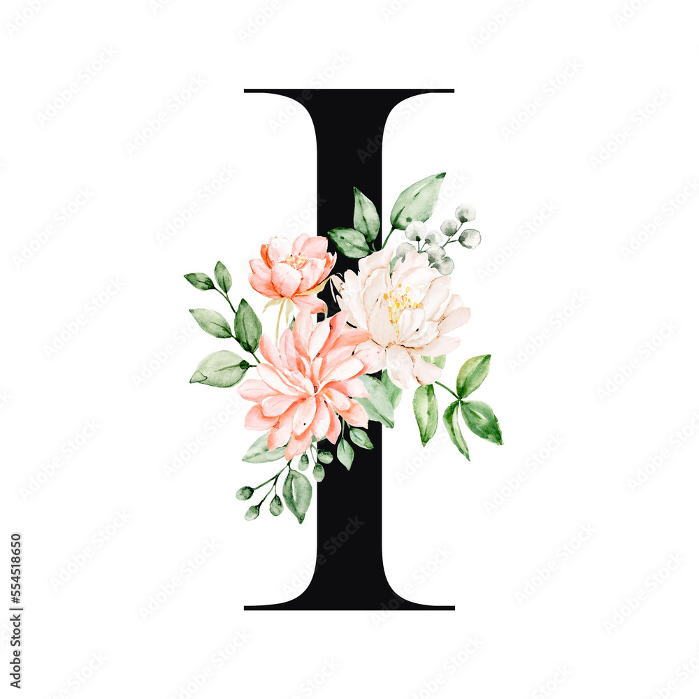 Alphabet, letter I with watercolor flowers and leaf. Monogram initials ...