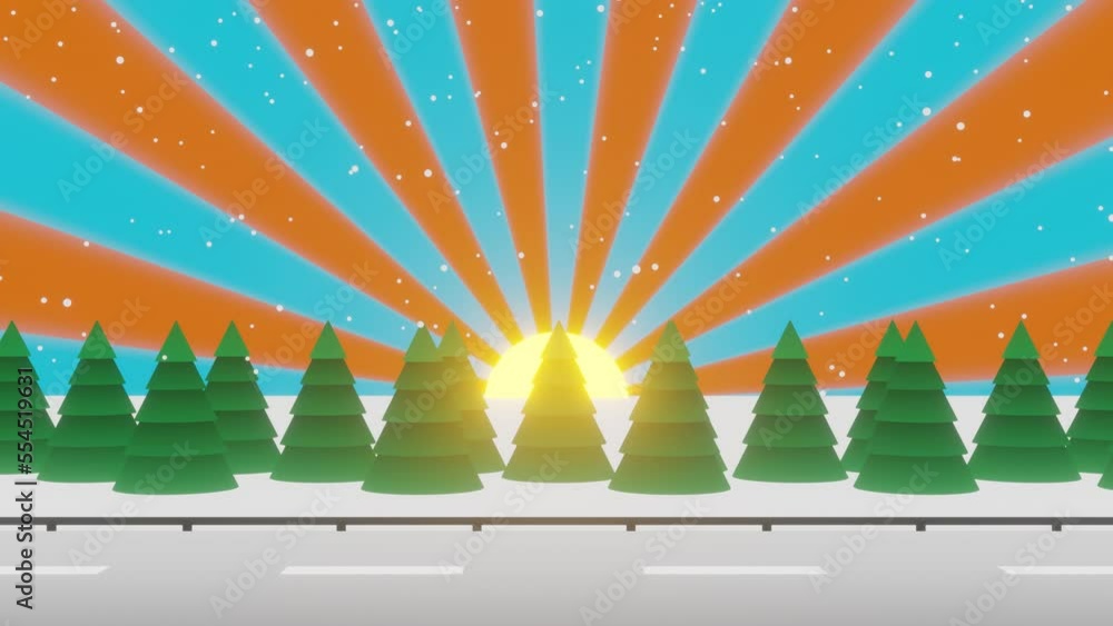 Cartoon winter road with shining sun, snow and forest loop animation ...