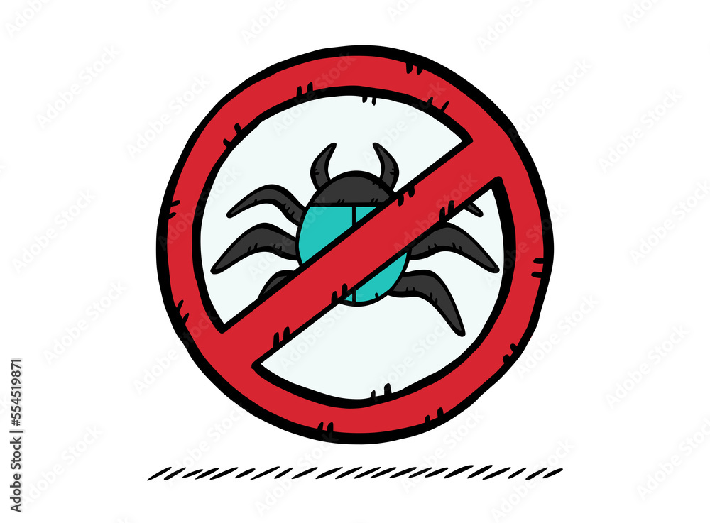 A hand-drawn graphic of a ban sign for computer worms and viruses ...