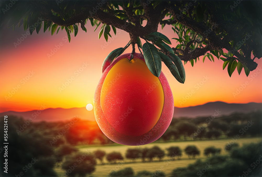 Fresh Japanese red Mango fruit is hung from a tree with greenery and a ...