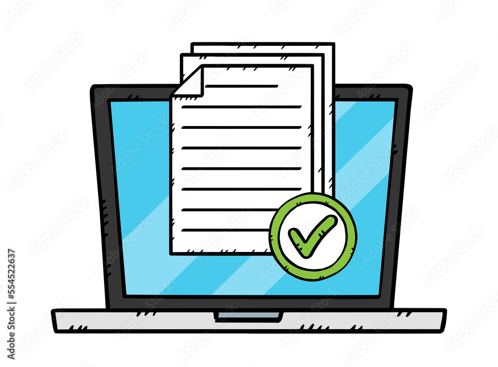 Icon of several documents with green checkmark showing on laptop screen ...