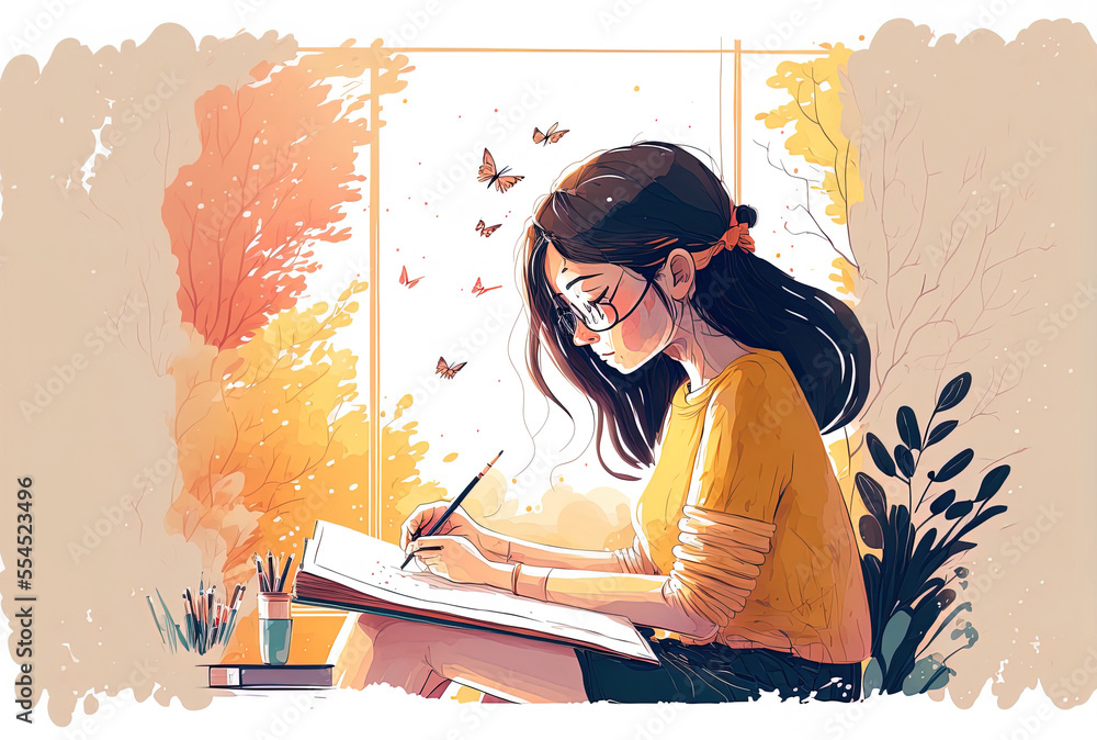 teenage girl keeping a notebook or diary. Young lady reading happily ...